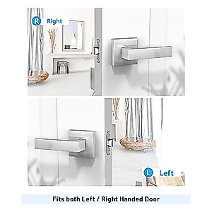 Zowill Door Handle Heavy Duty, Modern Square Door Lever, Passage Door Knobs, Reversible Interior Handles for Left Right Handled Doors for Bedroom, Bathroom and Living Room, Satin Nickel(1 Pack)