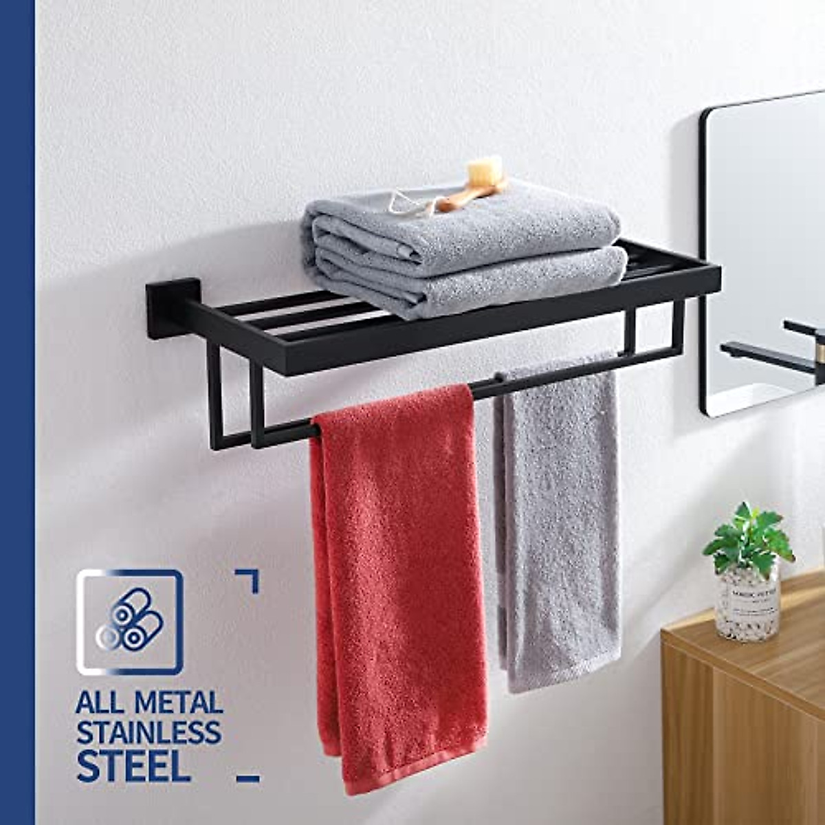 KOKOSIRI Matte Black Towel Rack 24'' Bathroom Towel Shelf with Double Towel Bars, Bath Towel Hook Square Robe Hook Coat Hook, SUS304 Stainless Steel Wall Mounted, B08A3-BK