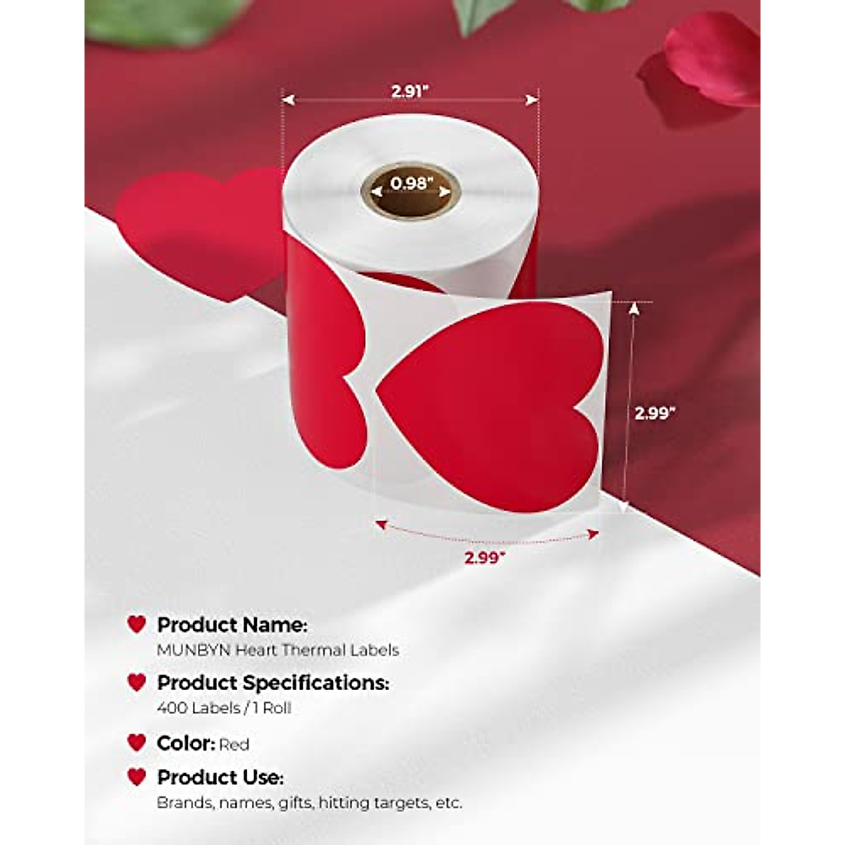 MUNBYN 3" Heart Thermal Stickers, Heart-Shaped Adhesive Sticker Labels, Red Love Thermal Labels for Gift, Wedding, Anniversary, Valentine's Day, Small Business 400 Labels/Roll