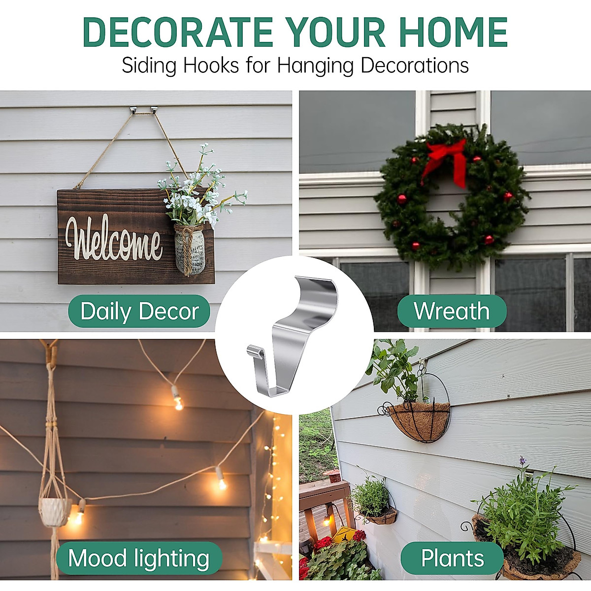 MUAKIOY Vinyl Siding Clips Hooks (20 Pack), Heavy Duty No-Drill No Hole Damage-Free Siding Hangers for Outdoor Wall Lights Wreaths Garland Hanging, Front Porch Patio Decor