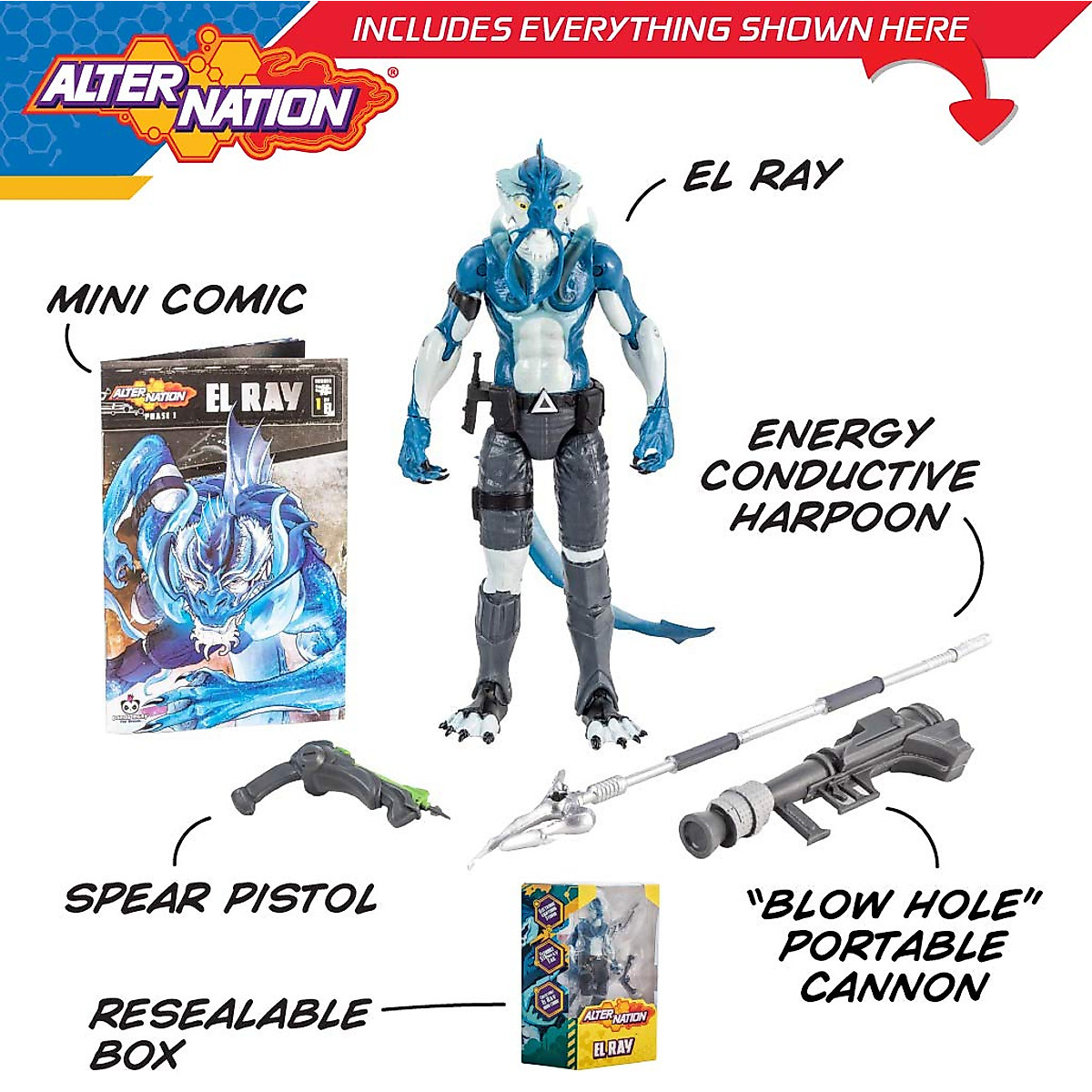 Alter Nation El Ray Human Stingray Electric EEL Hybrid Web Cartoon Dark Horse Comics Graphic Novel Action Figure with “Lightning Storm” Light up Feature & Mini Comic Book Great Gift for Kids 6 & Up