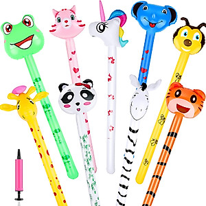 9 Pcs Inflatable Animals Stick with Sound Jungle Safari Inflatable Toys Tiger Zebra Giraffe Elephant Balloon Sticks Inflatable Hammer Blow up Animals for Animal Theme Birthday Party Favors Decorations
