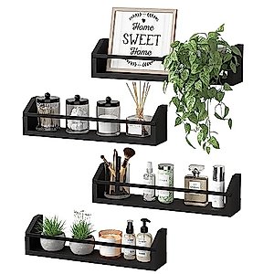 WOPITUES Floating Shelves with Protective Metal Rail, Small Bathroom Shelves Set of 4, Spice Rack Wall Mount, Wood Shelves for Kitchen, Living Room, Bedroom, Nursery Book- Modern Black