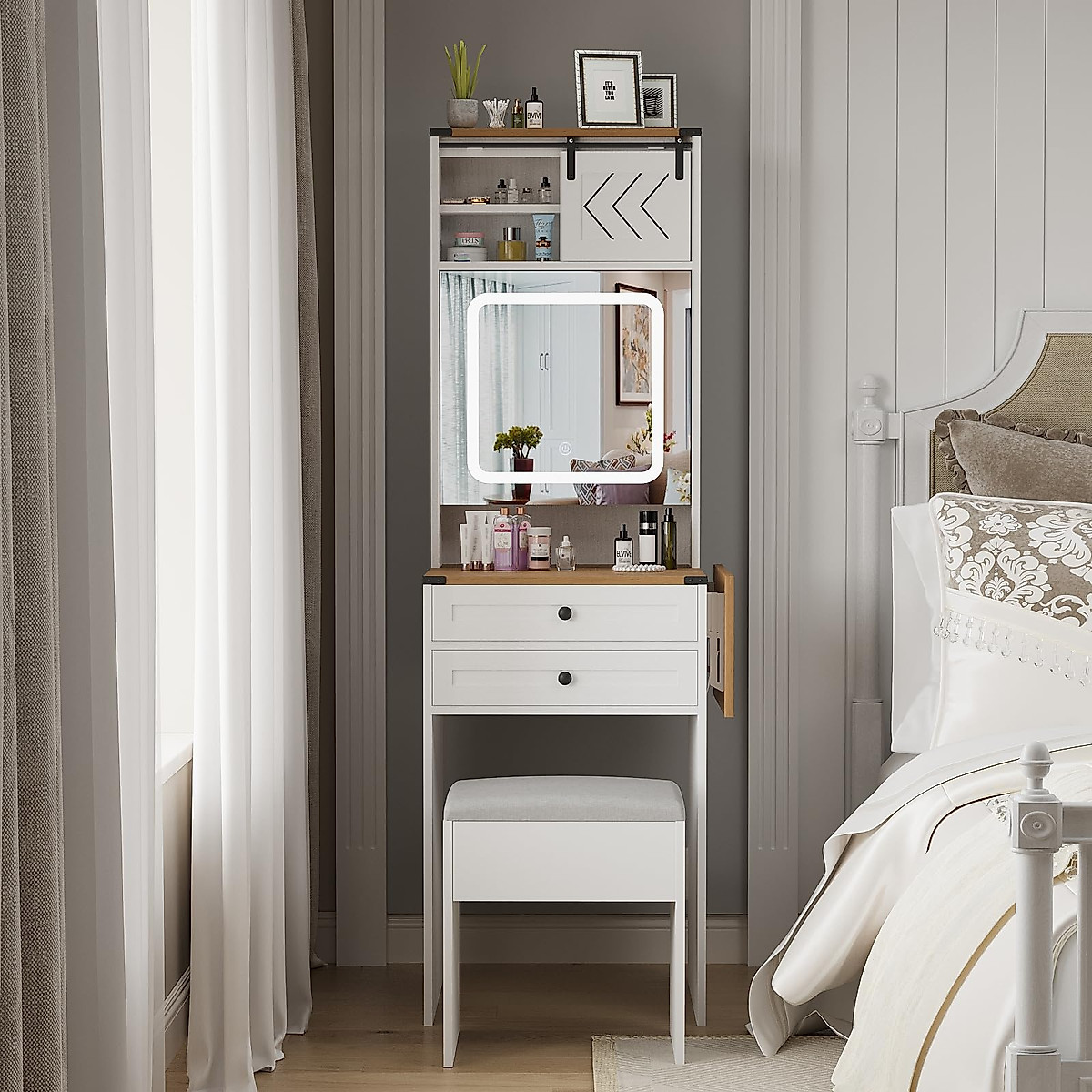 ARTETHYS Farmhouse Small Vanity Desk Set with Mirror Cabinet Compact Makeup Vanity Table with 3 Adjustable Lighted Mirror and Storage Chair for Small Space, White Dressing Table with Fold-up Panel