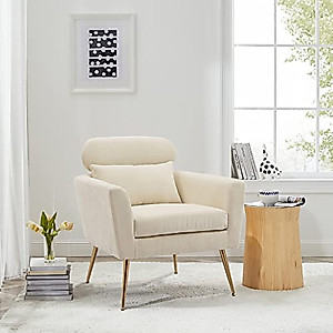mikibama Mid Century Modern Accent Chair Upholstered Reading Chair Armchair with Throw Pillow Armchair Side Chair for Living Room Bedroom Dorm Room Office (Beige, Chenille)