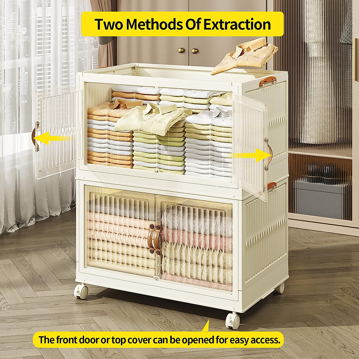 pupustar Storage Bins with Lids and Doors, Plastic Stackable Storage Bins Open Front, Foldable Storage Boxes for Organizing, Folding Storage Bins with Wheels, Opening Storage Boxes Set