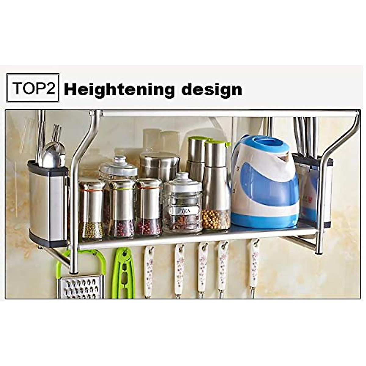 INTBUYING 2 Layer Microwave Oven Wall Mount Shelf Stainless Steel Kitchen Storage Organization with Removable Hooks