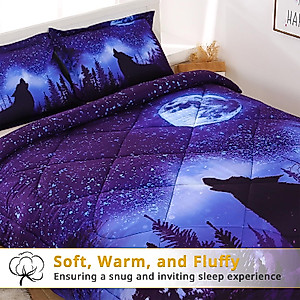 ENCOFT Wolf Comforter Set Queen Size, 3 Piece Vivid Blue Night Sky Howling Wolf Bedding Comforter Sets with 2 Pillowcases, Lightweight Soft Wild Animal Wolf Comforter Set for Kids, Boys, Teen