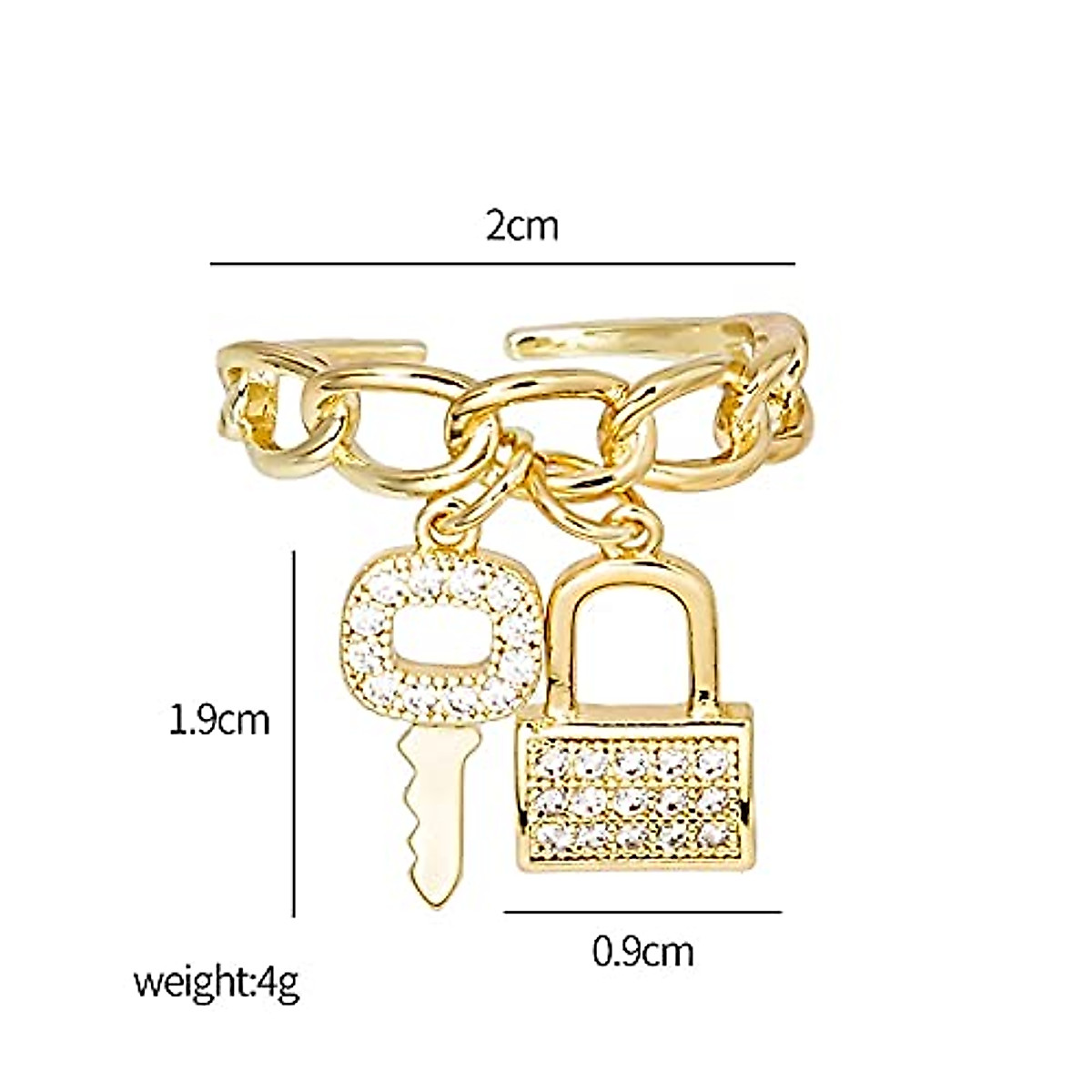 GANGYUN Open Zircon Crystal Lock Key Padlock Cuff Finger Rings for Women Adjustable Punk Infinty Chain Rings Jewelry (Gold)