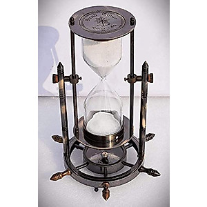 Nautical Maritime Black Antique Full Brass Sand Timer Hourglass with Wheel Compass Base Brass Antique Sand Timer Hourglass with Wheel Compass Base & Hanging Decor Item