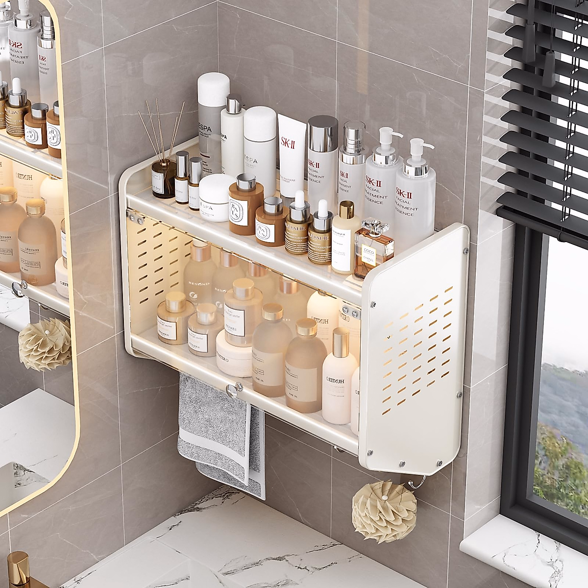 Bathroom cabinet storage box, wall mounted bathroom cabinet with 2 towel bars and detachable shelves, suitable for bathroom living room, laundry room, bedroom with 3 hooks (white, 15.8-inch large)