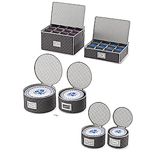 Woffit China Storage Containers - 6 Pack, Quilted Dinnerware & Stemware Set Bins for Packing Dishes and Glasses w/ 48 Felt Protectors - Essential Dish Supplies for Moving, Christmas, Seasonal Storage ﻿