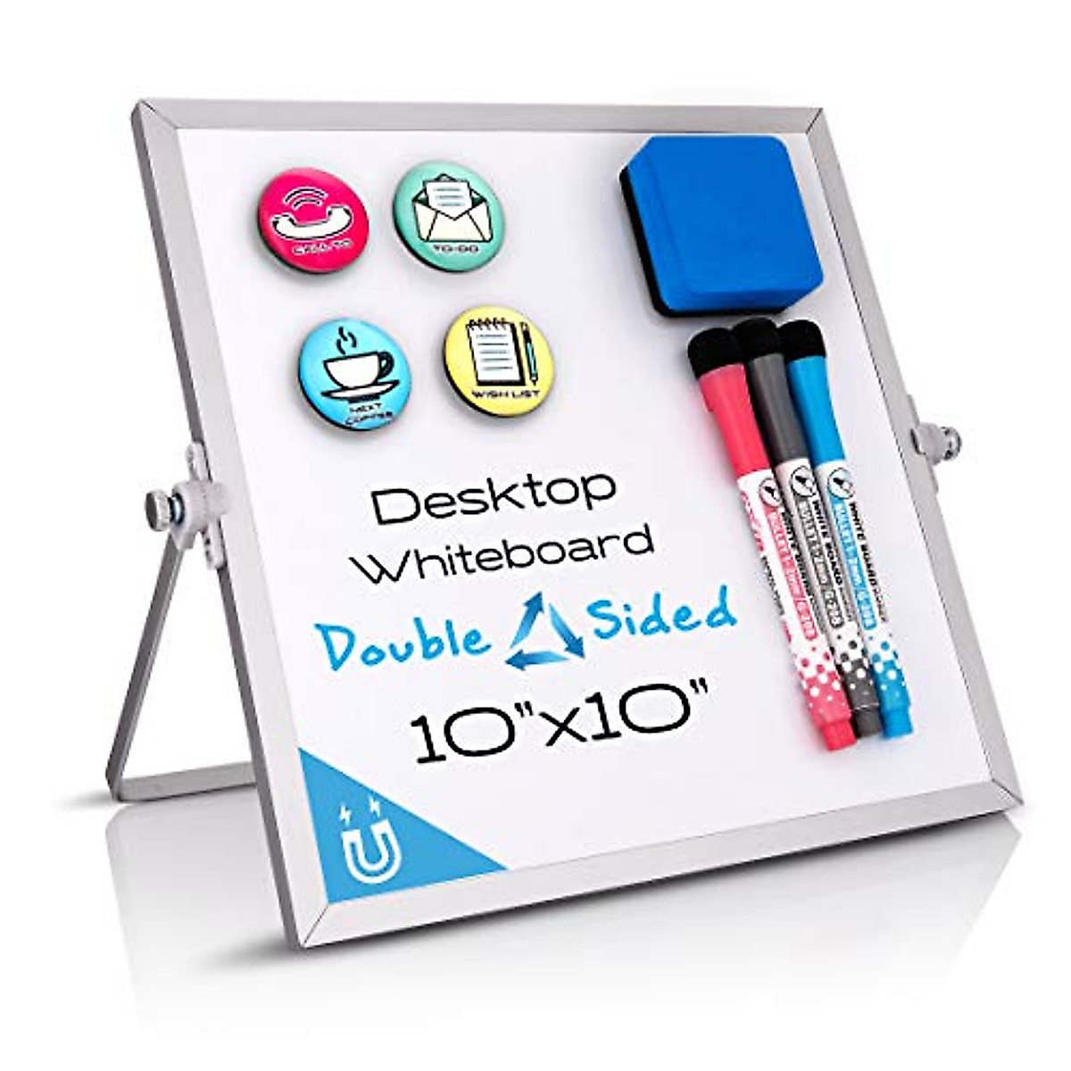 Small White Board 10"X10" - Desktop Dry Erase Whiteboard with Stand, 3 Markers, 4 Magnets & Eraser - Tabletop Double-Sided Portable Mini White Board Easel for Office Desk, Kids Home School Students