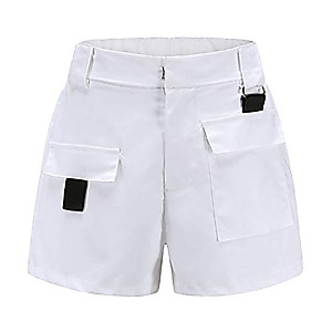 Andongnywell Women's Solid Casual Pant Khaki high Waist Big Pocket Shorts Mini Pants Short Trousers (White,Large)