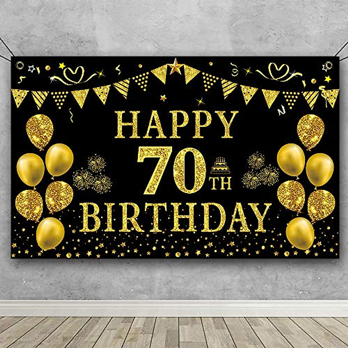 Trgowaul 70th Birthday Backdrop Gold and Black 5.9 X 3.6 Fts Happy Birthday Party Decorations Banner for Women Men Photography Supplies Background Happy Birthday Decoration