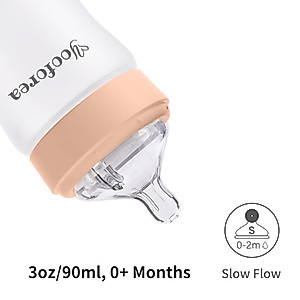 Yooforea Silicone Coated Glass Baby Bottle, 0M+ Slow Flow Nipple I Anti-Colic, Wide Neck, Stable Base I Medical-Grade Silicone Coating for Shatter Protection, BPA BPS PVC Free (3 Ounce-Honey)