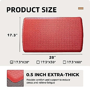 KOKHUB Kitchen Mat,1/2 Inch Thick Cushioned Anti Fatigue Waterproof Kitchen Rug, Comfort Standing Desk Mat, Kitchen Floor Mat Non-Skid & Washable for Home, Office, Sink,17.3"x28"- Red