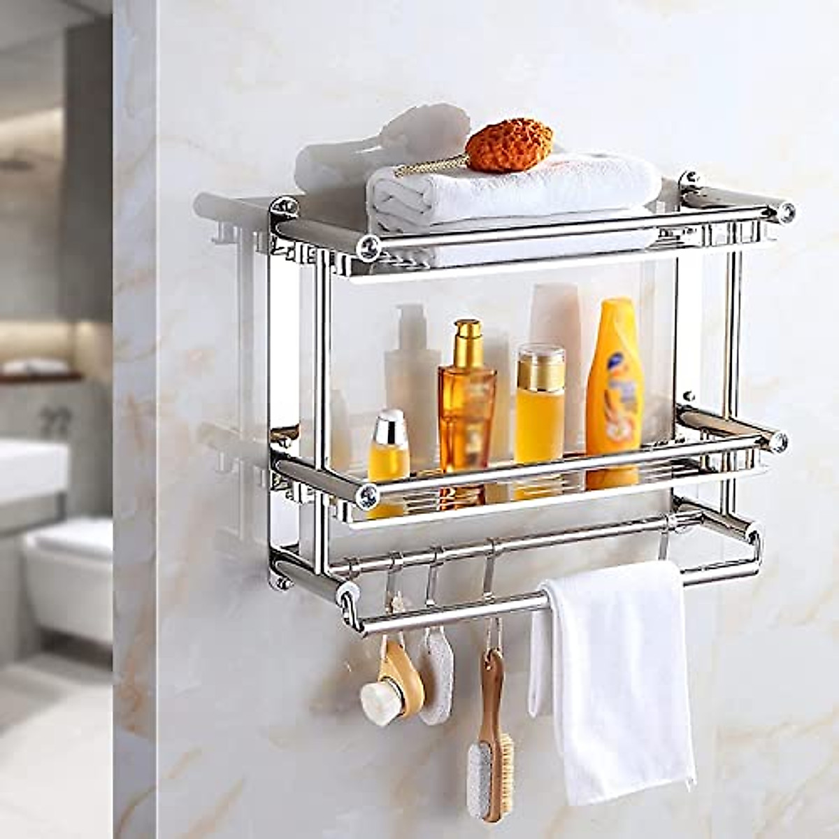 FVRTFT Shower Caddy Shelf with 4 Hooks, Caddy Organizer Wall Mounted Rustproof Basket with Adhesive,Stainless Steel, Storage Rack for Bathroom Shower Kitchen (Size : 60cm)