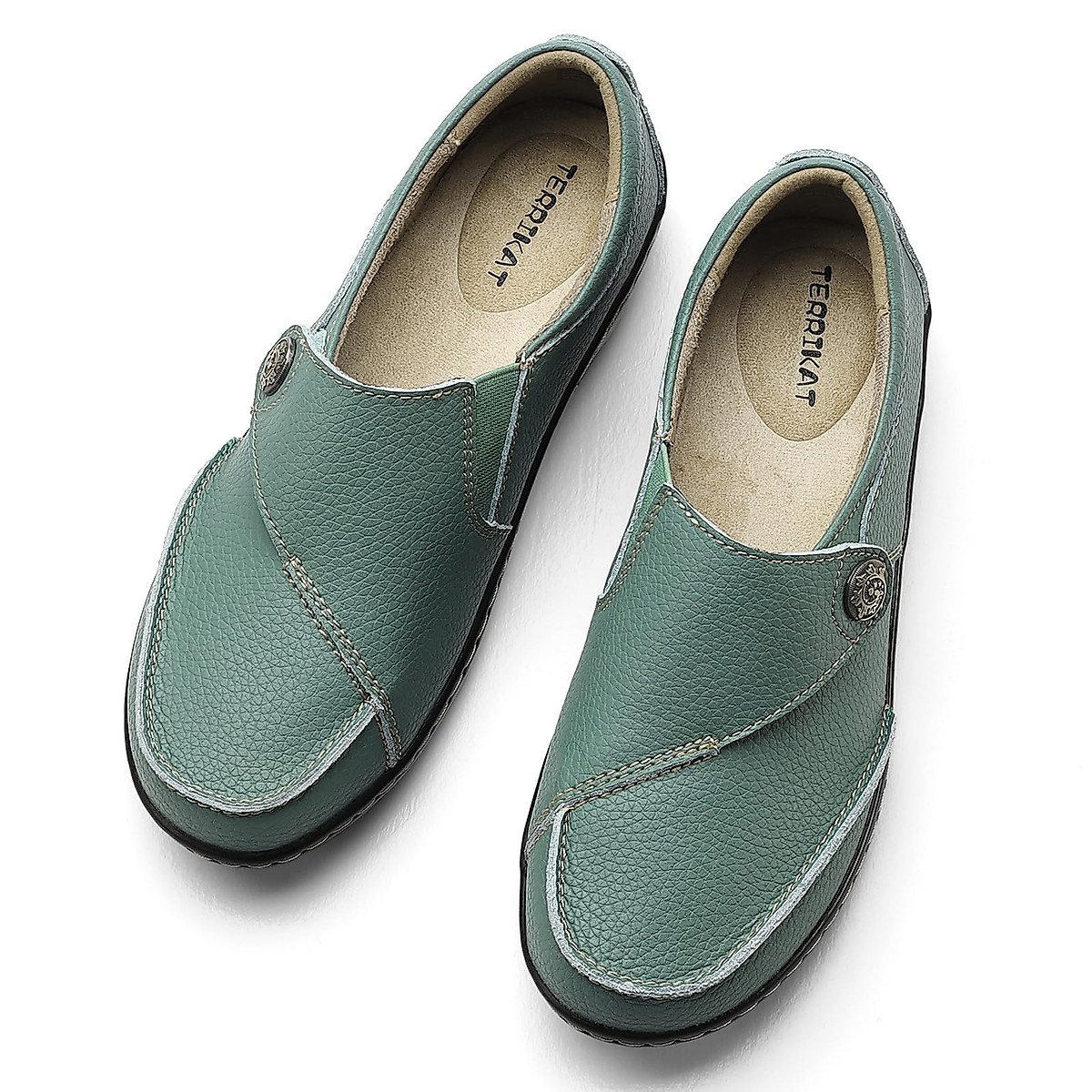 TERRIKAT Women's Classic Casual Green Leather Loafers Cute Moc Toe Slip On Comfort Walking Flats Lightweight Work Shoes 10.5 M US 1202-Lv10.5