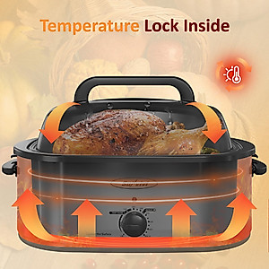 Sunvivi 26 Quart Roaster Oven, Electric Roaster Oven with Glass Lid, Turkey Roaster Oven Buffet with Self-Basting Lid, Removable Pan, Cool-Touch Handles, Silver