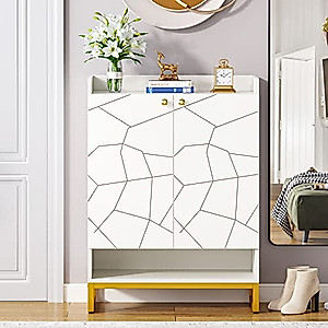 Tribesigns Shoe Cabinet, 6-Tiers Shoe Storage Cabinet with Doors for Entryway, White Gold Free Standing Shoe Cabinet Storage Organizer with Open Shelf for Living Room, Bedroom,Closet