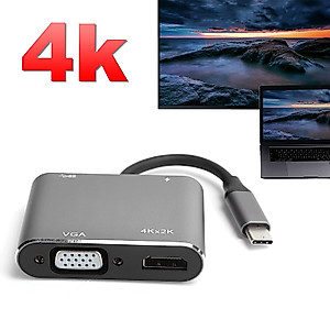 USB C Hub, 4 in 1 C to C VGA USB HDMI Hub Adapter, 4kx2k 30Hz/60Hz Portable Docking Station with C/VGA/USB/HDMI Port，Multiport Splitter for Charging Smartphones/ Keyboard/ Mouse/ USB Memory Stick
