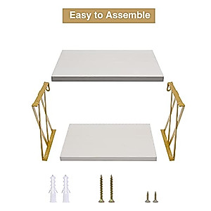 Afuly Floating Nightstand Wall Mounted, 12 Inch Bedside Table for Bedroom Storage Decor, Modern White Gold Wall Shelves for Home Livingroom Bathroom Kitchen Decor