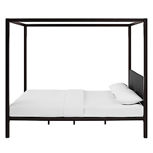 Fast Furnishings Queen Size Brown Metal Canopy Bed Frame with Grey Upholstered Headboard