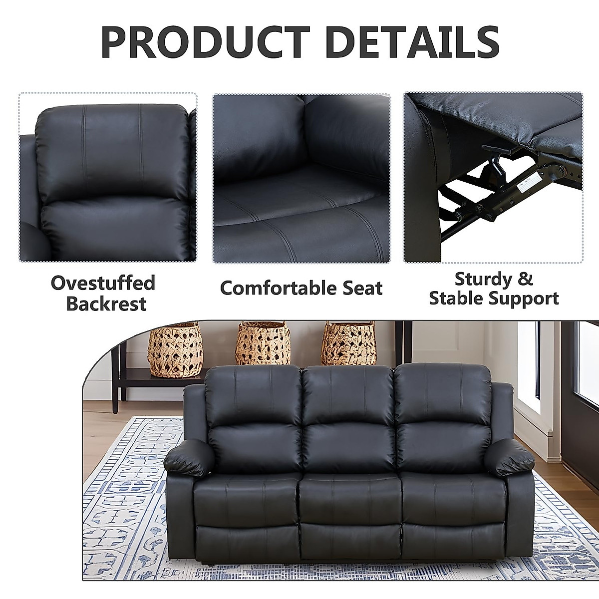 GEBADOL Manual Leather Recliner Sofa,Living Room Furniture Sets, Leather Reclining Sofa for Living Room/Apartment/Office(Black Leather Sofa,1 Piece)