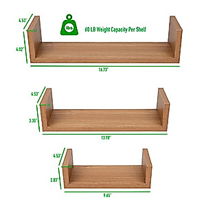 Mind Reader 3 Pack of U Floating Wall Shelves with Invisible Brackets for Living Room, Bedroom, Bathroom, Kitchen Decor, Brown