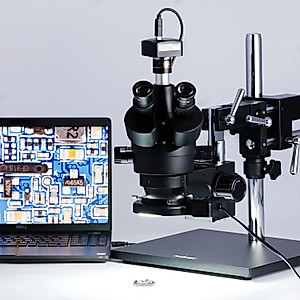 AmScope SM-4TZ-FRL-MB Digital Professional Trinocular Stereo Zoom Microscope, WH10x Eyepieces, 3.5X-90X Magnification, 0.7X-4.5X Zoom Objective, 8W Fluorescent Ring Light, Double-Arm Boom Stand, 110V-120V, Includes 0.5X and 2.0X Barlow Lenses and 1.3MP Ca