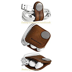 ELFRhino Earphone Organizer Genuine Leather Headphone Headset Earbuds Cord Wrap Winder Cord Manager Cable Winder Holder Keeper Manager Management(Coffee, Pack of 2)