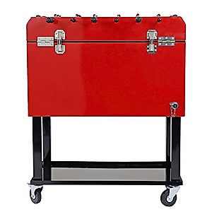 68 Quart Patio Cooler Ice Chest with Foosball Table Top, 17 Gallon/ 65L Outdoor Rolling Beverage Cart, Red Portable Patio Party Bar Cold Drink Rolling Cart on Wheels with Tray Shelf