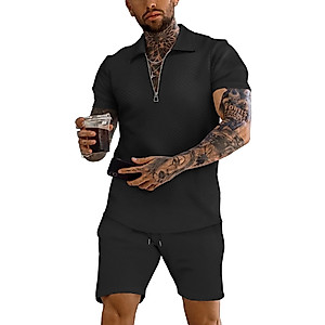 URRU Men's Polo Shirt and Shorts Set Summer Outfits Fashion Casual Short Sleeve Polo Suit for Men 2 Piece Short Set Black XL