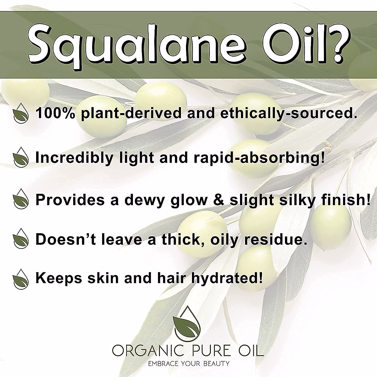 Squalane Oil - Pure, Natural, Plant-Derived, Non GMO, Refined - 16 oz - Squalene Alternative, from Olive - Ultra Hydrating & Moisturizing Carrier Oil - Hexane Free, Cold Pressed - OPO