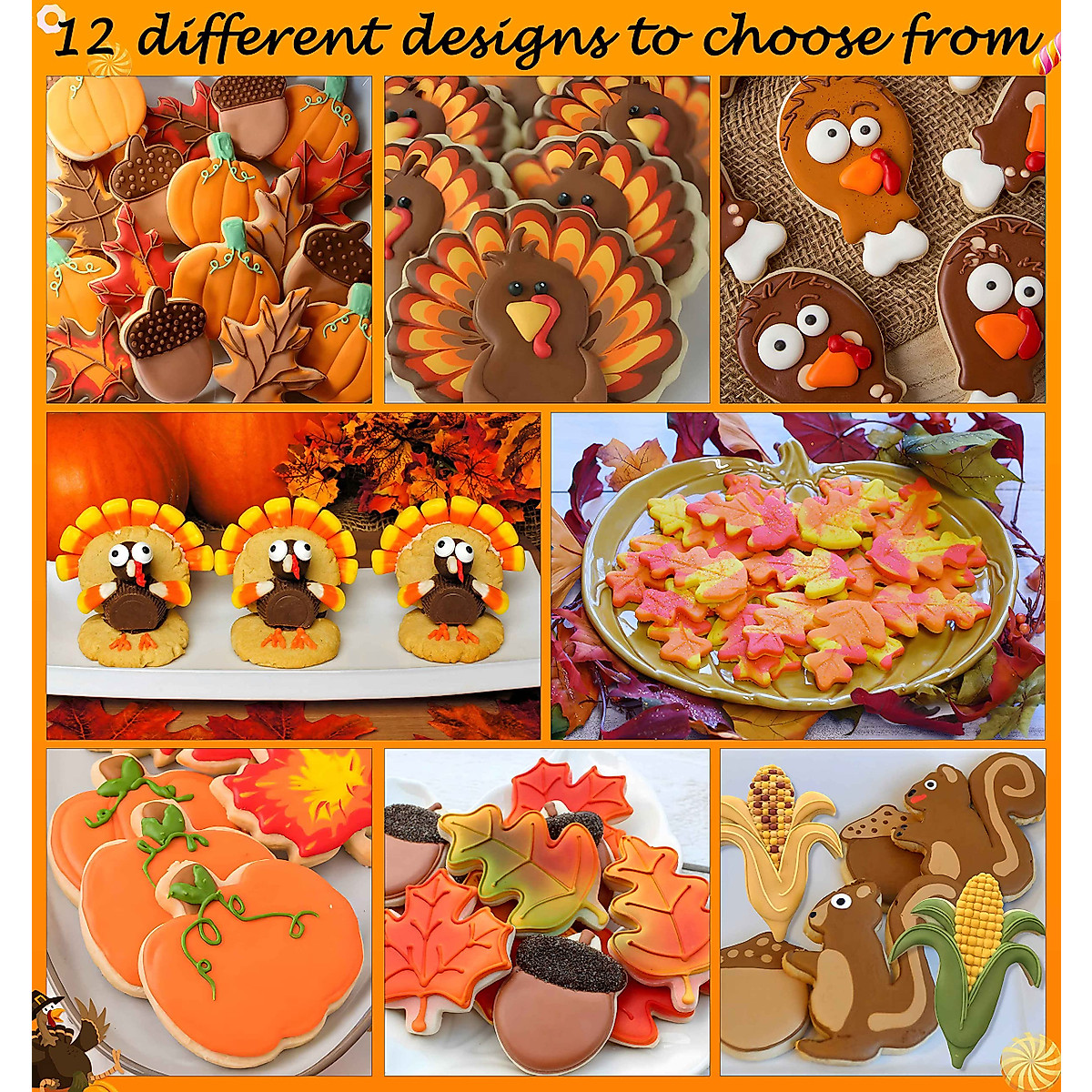 12PCS Large Fall Thanksgiving Cookie Cutter Set - Turkey,Pumpkin,Maple/Oak/Teardrop Leaf,Squirrel, Acorn,Corn,and Turkey Leg