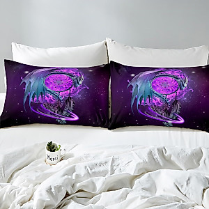 Erosebridal Galaxy Bedding Set Queen Size Dream Catcher Comforter Cover Boho Theme Duvet Cover Set Dragon and Feather Printed 3 Piece Bedding Decorative with 2 Pillow Cases for Kids Adults,Purple