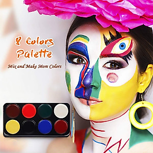 Halloween Makeup Kit for Adults Kids - Zombie Skeleton Vampire Clown Witch SFX Makeup kit, Black White Scary Halloween Cosplay Face Paint Make Up Set Fake Blood Tattoo Stickers 8-Color Makeup Palette