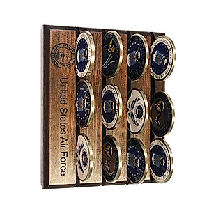 DECOMIL 4 Rows Coin Holder, US Army-Navy-Air Force-Marine Military Collectible Challenge Coin Display Case Wood Stand, Holds 12-16 Coins (Air Force)