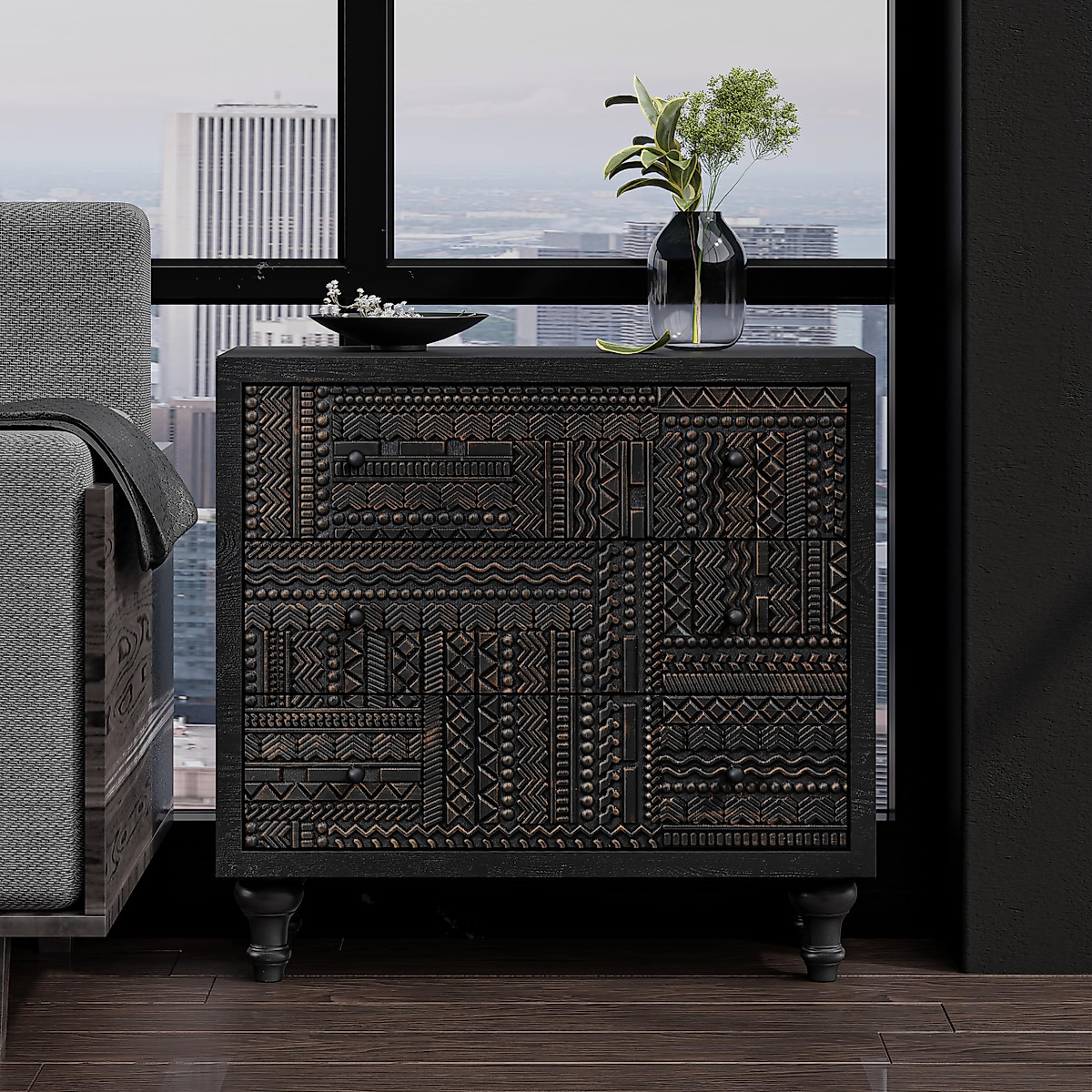 COZAYH 3 Drawer Farmhouse Dresser with Geometric Carved Pattern, Vintage Accent Wood Storage Chest Nightstand for Living Room, Bedroom, Boho, Mid-Century Modern, Black, Fully Assembled