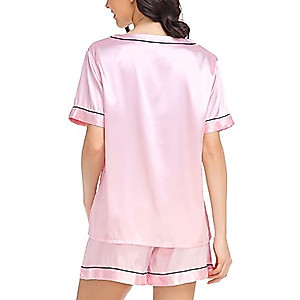 SWOMOG Womens Short Sleeve Satin Pajama Set Silk Pjs Lounge Set V Neck Two Piece Loungewear Sets Cute Cozy Sleepwear Rose Pink