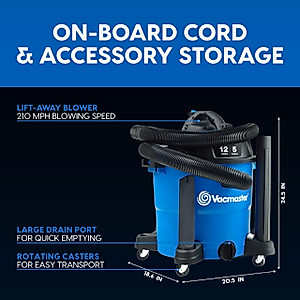 Vacmaster Blue Line 12-Gallon* 5 Peak HP† Wet/Dry Vacuum with Detachable Blower VBV1210