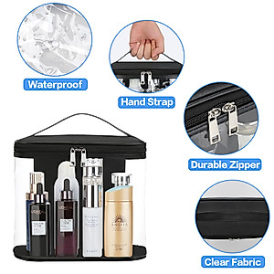 HAOGUAGUA Heavy Duty Leak Proof Clear Travel Bags for Toiletries, Transparent Makeup Cosmetic Bag with Zipper and Handle (Large, Black)
