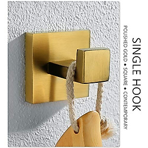 VELIMAX Premium Stainless Steel Towel Hook Square Robe Hook Coat Hook Heavy Duty Wall Mounted Luxury Hooks for Bathroom Hotel, Brushed Gold, 2-Pack
