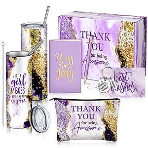 Funnymoom 7 Pcs Boss Gifts for Women Thank You Gifts Set Appreciation Gifts Stainless Tumbler Makeup Bag Birthday Marble Gift for Female Leader Mother Coworker Teacher(Light Purple)