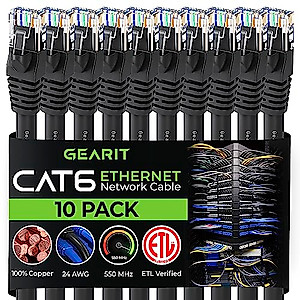 GearIT Cat 6 Ethernet Cable 3 ft (10-Pack) - Cat6 Patch Cable, Cat 6 Patch Cable, Cat6 Cable, Cat 6 Cable, Cat6 Ethernet Cable, Network Cable, Internet Cable - Black 3 Feet