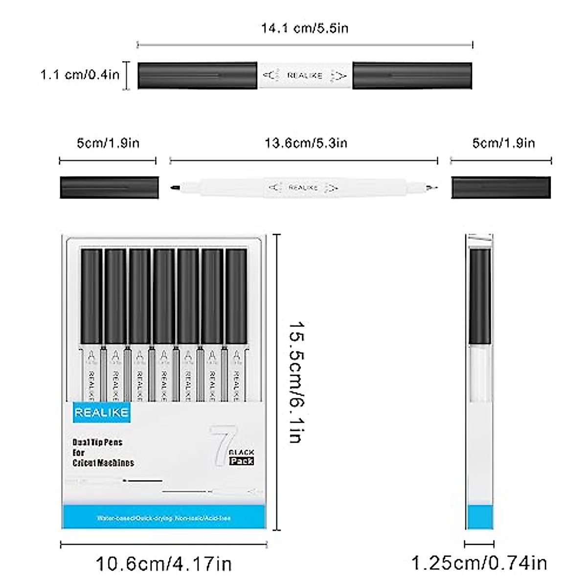 REALIKE Dual Tip Pens for Cricut Maker 3/Maker/Explore 3/Air 2/Air, Black Pens Set of 7 Pack Dual Tip Marker Fine Point Pen Writing Drawing Accessories for Cricut Machine (0.4 Tip & 1.0 Tip)