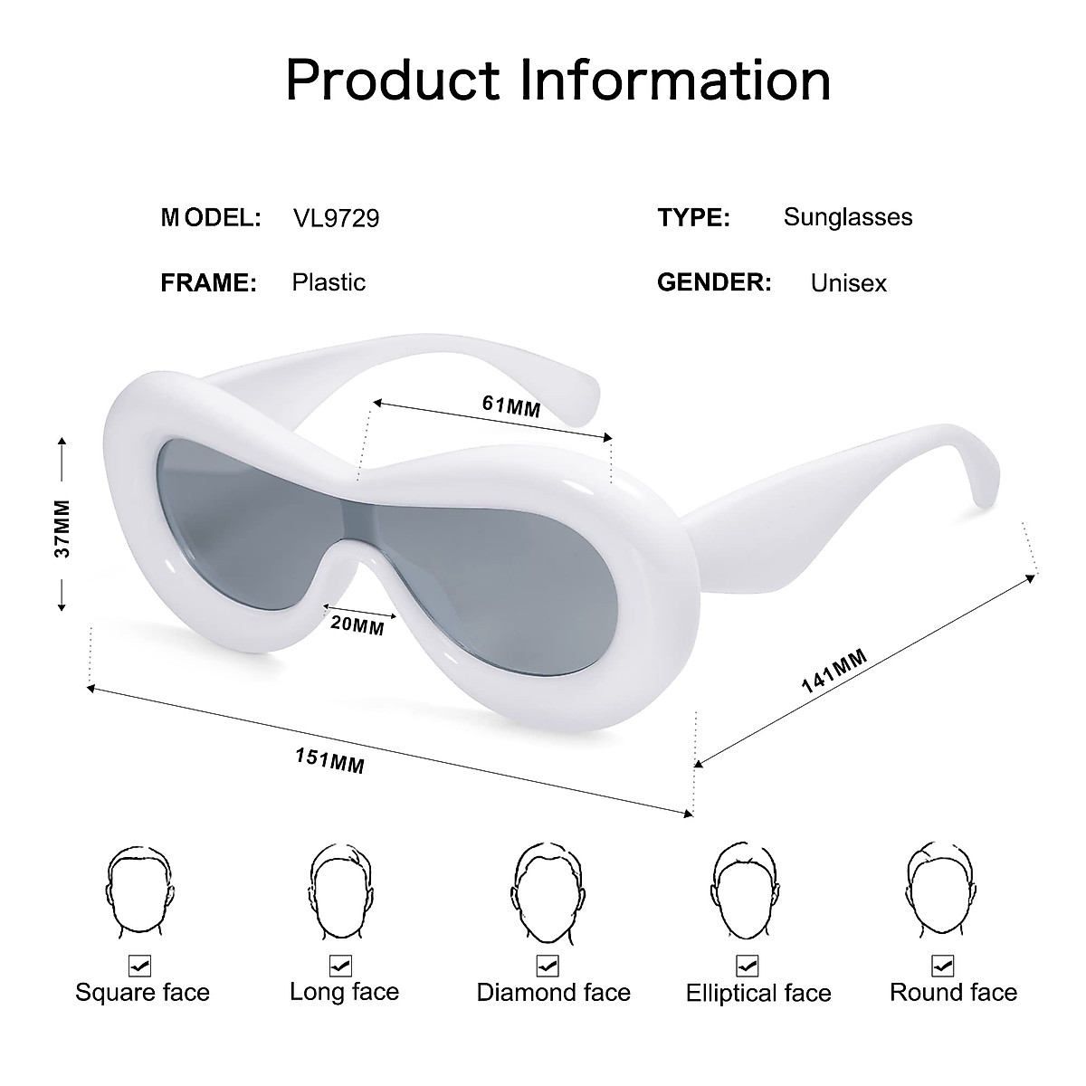 VANLINKER Oversized Thick Inflated Sunglasses Womens Mens Trendy Oval One Peice Glasses Funny Aesthetic Shades VL9729 White