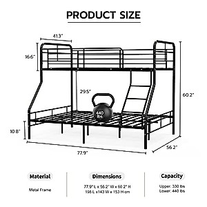 IKIFLY Metal Twin Over Full Bunk Bed, Heavy Duty Bunk Bed Frame with Safety Guard Rail & Ladder, Space-Saving Design/Noise Free/for Kids, Teens & Adults/No Box Spring Needed - Black