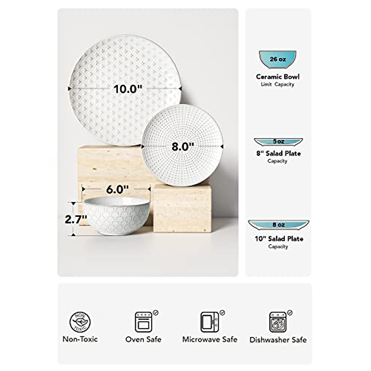 LE TAUCI Dinnerware Sets 12 Piece, Ceramic Plates and Bowls Set, House Warming Wedding Gift, Serve for 4 (10" Dinner Plates + 8" Salad Dish + 22 oz Cereal Bowl) x 4, Dishwasher safe - Arctic White